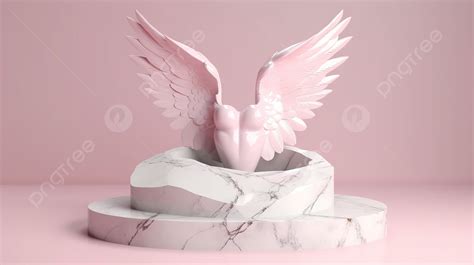 분홍색 대리석 배경 3d 렌더링에 분홍색 천사 동상 분홍색 배경의 대리석 연단에 날개가 달린 3d 렌더링 하트 고화질 사진