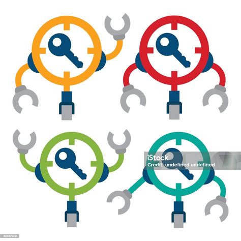 로봇에 대 한 아이콘 추상 그림 키워드 검색 시스템 영감 을된 검색 개념 돋보기 및 자동화 시스템 로봇 디지털 비즈니스를 위한 설계 인터넷 웹사이트 개념에 대한 스톡 벡터