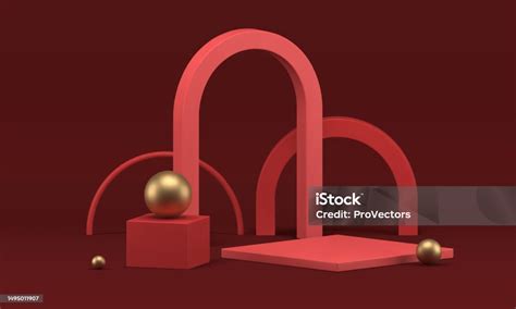 빨간색 기하학적 3d 무대 경기장 연단 곡선 아치 사각형 상자 황금 구 현실적인 벡터 3차원 형태에 대한 스톡 벡터 아트 및 기타 이미지 3차원 형태 Fashion