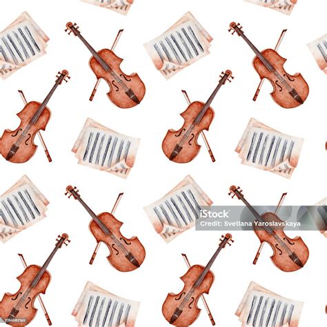 바이올린 활 및 악보와 완벽 한 패턴 클래식 현악기 벽지입니다 손으로 그린 수채화 그림은 흰색 배경에 고립되어 있습니다 직물 직물 또는 어떤 지상 예술 디자인든지를 위해