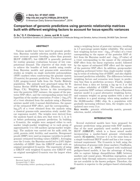 Pdf Comparison Of Genomic Predictions Using Genomic Relationship Matrices Built With Different