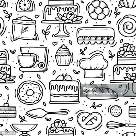 베이커리 및 디저트 패턴 트렌디한 리니어 스타일 베이커리 카페 컵케이크 및 로고 디자인 템플릿과 관련된 선형 아이콘이 있는