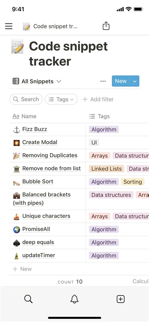 Notion Template Gallery Code Snippet Tracker