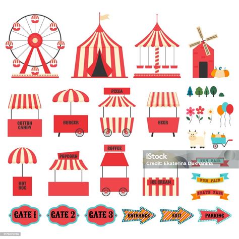 재미있는 박람회 놀이 공원 및 카니발 스티커 관람차 서커스 텐트 회전 목마 길거리 음식 가판대 및 기타 요소 투명한 배경에 벡터 일러스트 레이 션 벡터에 대한 스톡 벡터
