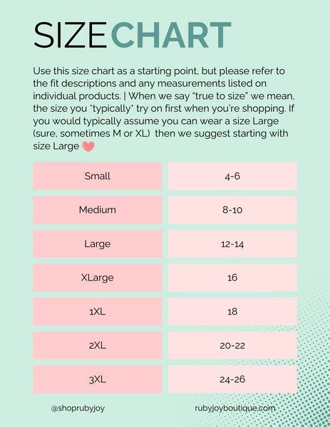 Ruby Joy Boutique Sizing Chart And Fit Guide
