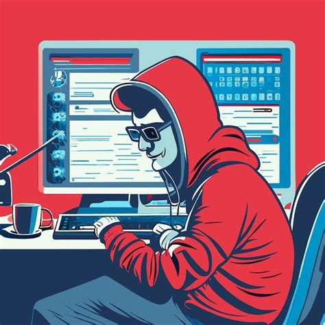 Premium Vector A Nerdy Man In A Hoodie Is Programming At A Computer