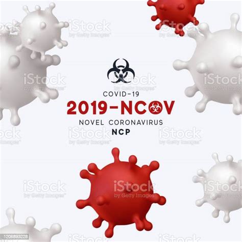 소설 코로나 바이러스 바이러스 코비드 19ncp 코로나바이러스 Ncov는 단일 가닥 Rna 바이러스로 표시된다 사실적인 3d 적색 및 백색 바이러스 세포와 배경 위험 기호