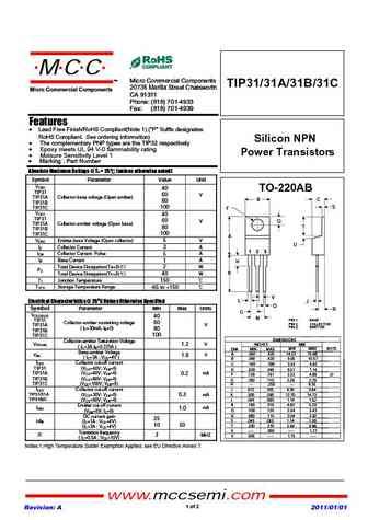 TIP31C Datasheet And Replacement Transistor Equivalent Finder Cross Reference AllTransistors Com