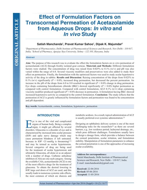 Pdf Effect Of Formulation Factors On Transcorneal Permeation Of Acetazolamide From Aqueous