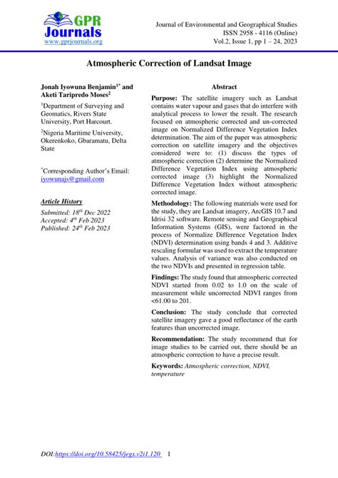 Pdf Atmospheric Correction Of Landsat Image