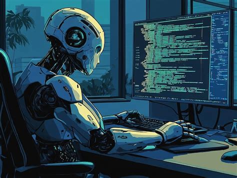 An Illustration Of A Humanoid Robot Sitting At A Desk Coding On A Computer Premium Ai