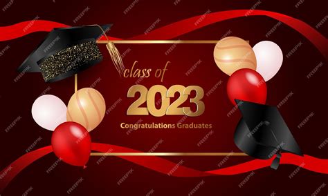 학교 졸업을 축하합니다 2023 년 졸업 졸업 모자 색종이 조각 및 풍선 축하 배너 교육 아카데미 학습 학교 프리미엄 벡터