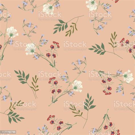 꽃 꽃 매끄러운 패턴입니다 피는 식물 모티프는 무작위로 흩어져 있습니다 낙서 요소가 있는 벡터 텍스처입니다 패션 프린트에 적합합니다 베이지 색 배경에 손으로 그린 야생 꽃과