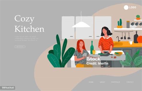 부엌 음료 커피와 이야기에서 저녁 식사를 준비하는 여자 친구와 방문 페이지 템플릿 스칸디나비아 스타일의 아늑한 인테리어에서 젊은 여성에 의해 일상 생활과 일상 장면 만화
