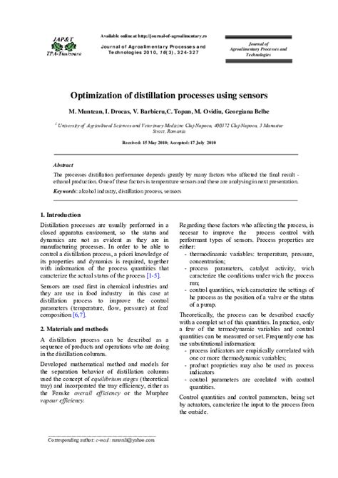 Pdf Optimization Of Distillation Processes Using Sensors