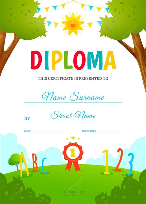 아이 졸업장 디자인 서식 파일 유치원 증명서 벡터 일러스트 레이 션 프리미엄 벡터