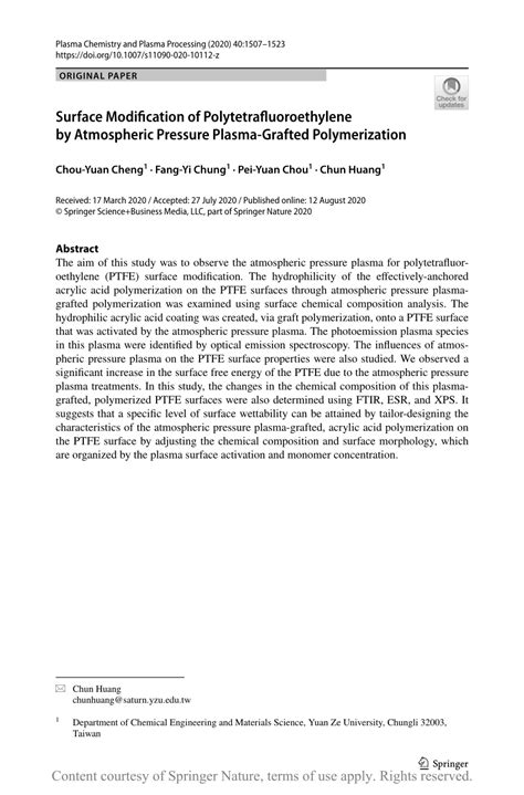 Surface Modification Of Polytetrafluoroethylene By Atmospheric Pressure
