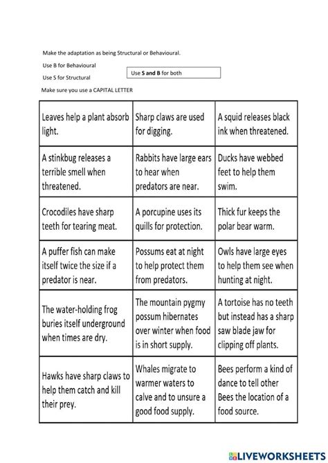 Structural And Behavioral Adaptations Worksheet Live Worksheets Worksheets Library