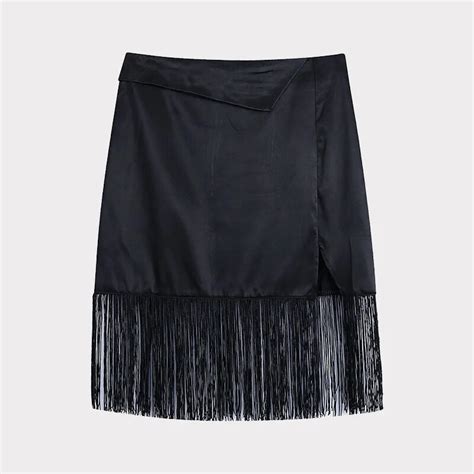 Badu Bg Дамска черна сатенена мини пола с ресни 2022 Пролетна пола с висока талия Дамски модни