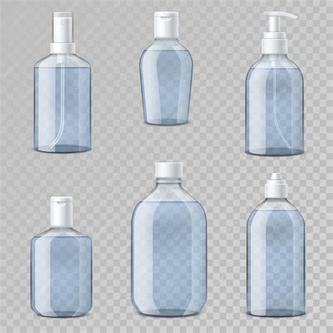 손 소독제 병 현실적인 투명 바이알 템플릿 알코올 젤이 있는 3d 플라스틱 용기 위생 디스펜서 및 스프레이 항균 비누 및