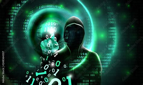 Computer Hacker With A Hood Touches The Touch Screen Binary Code Light Waves On Abstract Binary