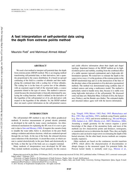 Pdf A Fast Interpretation Of Self Potential Data Using The Depth From Extreme Points Method