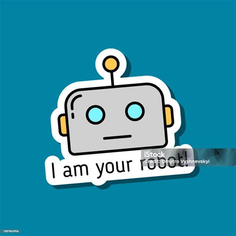 인공 지능 색상 벡터 스티커 나는 글자를 가진 로봇 스티커입니다 어두운 파란색에 그림자가 있는 로봇 색상 채워진 스티커 아이 로봇 현대 기술 Cpu에 대한 스톡 벡터 아트