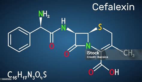 세팔렉신 세팔렉신 C16h17n3o4s 분자 그것은 베타 락탐 살균 활성을 가진 1 세대 세팔로스포린 항생제입니다 진한 파란색 배경의 구조 화학 식 0명에 대한 스톡 벡터