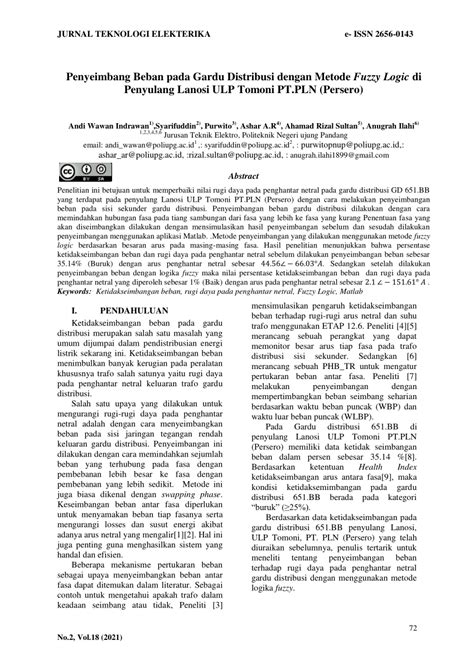 Pdf Penyeimbang Beban Pada Gardu Distribusi Dengan Metode Fuzzy Logic Di Penyulang Lanosi Ulp