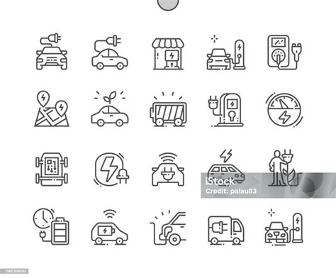 전기 자동차 충전기 및 충전 스테이션 대체 에너지 에코 및 운송 세계를 구하십시오 픽셀 완벽한 벡터 얇은 선 아이콘 간단한 최소 그림 0명에 대한 스톡 벡터 아트 및 기타