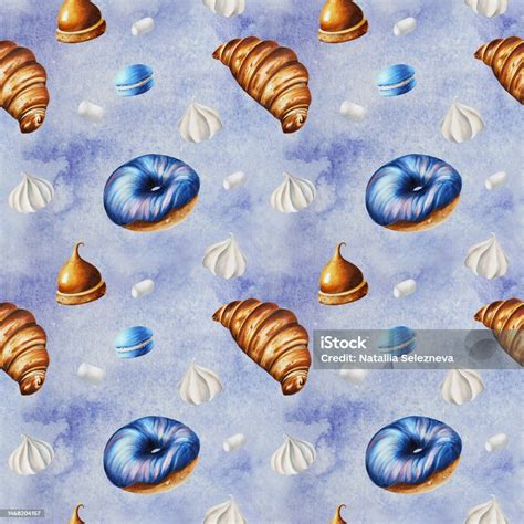 머랭 마시멜로 블루베리 도넛 마카롱 크루아상 오렌지 수플레가 있는 수채화 매끄러운 패턴 흰색 고립된 배경에 달콤한 손 그림 디자이너 메뉴 상점 바 비스트로 레스토랑 엽서