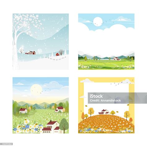 사계절의 풍경 자연 배경의 귀여운 세트 만화 겨울 원더 랜드 봄 농장 토지 화창한 날 야생 꽃 밭 여름 단풍이 떨어지는 가을 세트 만화 플랫 디자인 4 시즌 배경 일러스트