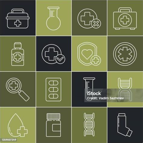 세트 라인 흡입기 Dna 기호 응급 의학 교차 병원 의료 병 의학 시럽 응급 처치 키트 및 방패 및 심박수 아이콘 벡터 1위에 대한 스톡 벡터 아트 및 기타 이미지 Istock