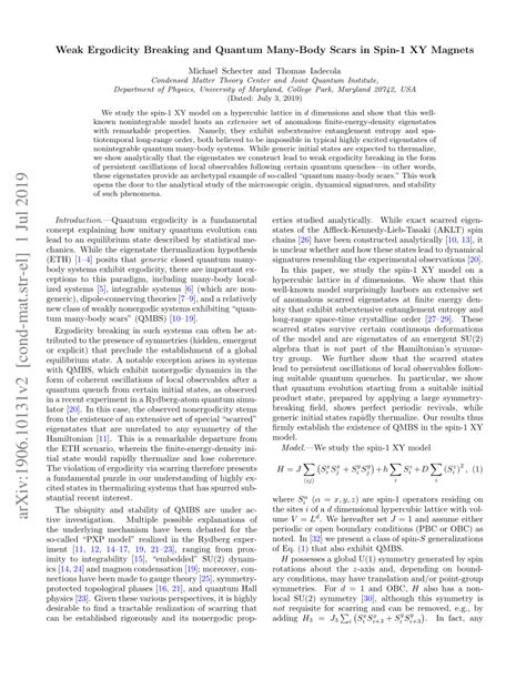 Pdf Weak Ergodicity Breaking And Quantum Many Body Scars In Spin 1 Xy Magnets
