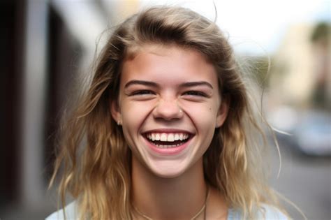 Premium Ai Image A Young Woman Smiling Happily At The Camera With Her Mouth Wide Open