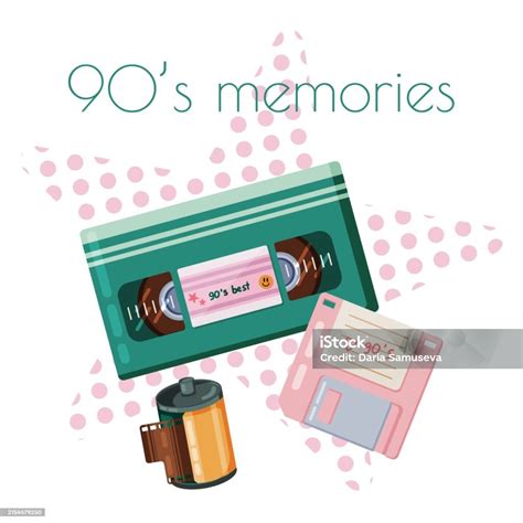 90 년대 복고풍 요소 저장 매체 플로피 디스크 Vhs 테이프 배경에 별이 있는 사진 필름 평면 스타일 벡터 일러스트 레이 션입니다 1990 1999 년에 대한 스톡 벡터