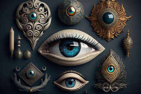 Collection Of Evil Eyes In Various Forms Including Stone Sculptures