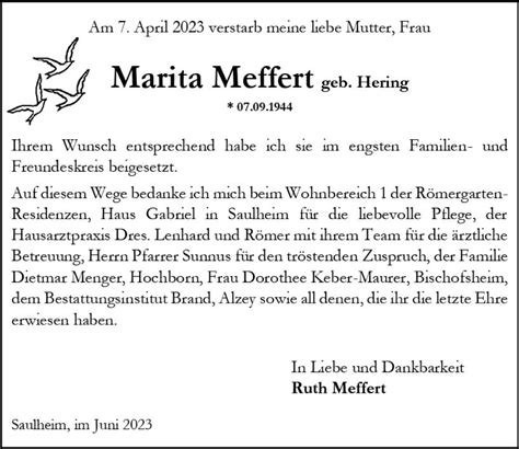 Traueranzeigen Von Marita Meffert Vrm Trauer De