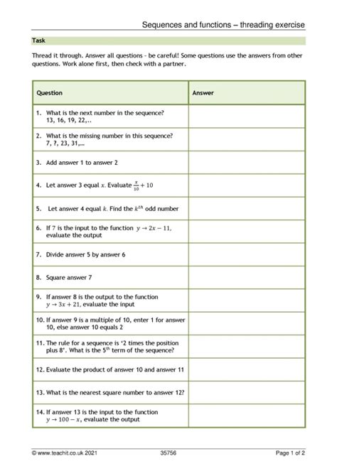 Sequences And Functions Threading Exercise Number Ks3 Teachit