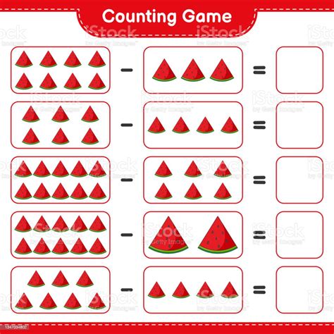 게임을 계산 수박의 수를 계산하고 결과를 작성합니다 교육 어린이 게임 인쇄 워크 시트 벡터 일러스트레이션 유치원에 대한 스톡