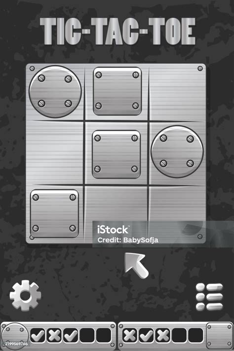 Tictactoe Metal Style Ui Game With Cursor Arrow Vector Cartoon Strategy Game Noughts And Crosses
