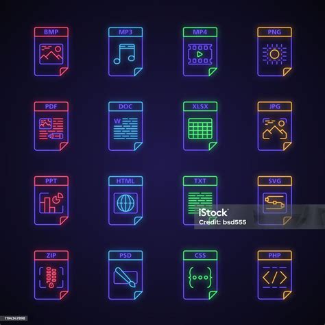 Files Format Neon Light Icons Set Stock Illustration Download Image Now Art Coding Color