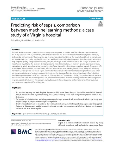 pdf predicting risk of sepsis comparison between machine learning