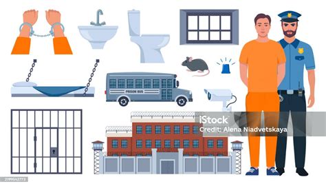 주황색 죄수복을 입고 수갑을 찬 범죄자 여성을 안고 있는 여자 경찰관 감옥 요소 교도소 시스템 아이콘 벡터 일러스트 레이 션 강철에 대한 스톡 벡터 아트 및 기타 이미지