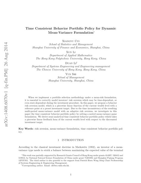 Pdf Time Consistent Behavior Portfolio Policy For Dynamic Mean