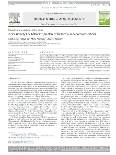 Pdf A Disassembly Line Balancing Problem With Fixed Number Of Workstations Dokumentips