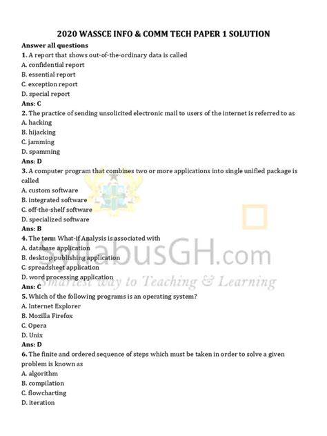 2020 Wassce Info And Comm Tech Paper 1 Solution Pdf Computer Memory Operating System