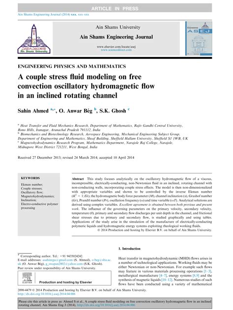 Pdf A Couple Stress Fluid Modeling On Free Convection Oscillatory Hydromagnetic Flow In An