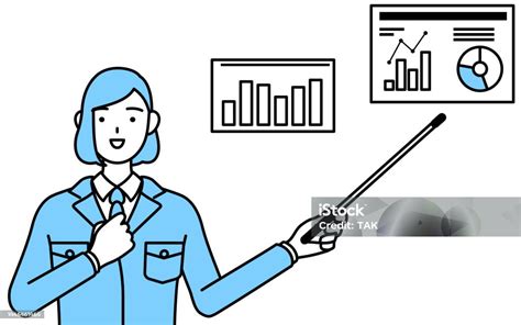 작업복을 입은 여성의 간단한 선 그리기 그림이 성능 그래프 Dxing의 이미지를 분석합니다 건설 산업에 대한 스톡 벡터 아트 및