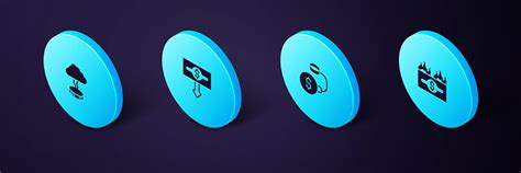 Set Isometric Burning Dollar Bill Debt Ball Chained To Coin Dollar Rate Decrease And Storm Icon